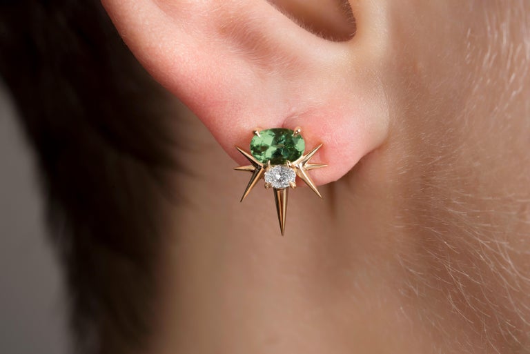 14ct Yellow Gold Green Tourmaline and Diamond Spike Earrings For Sale ...