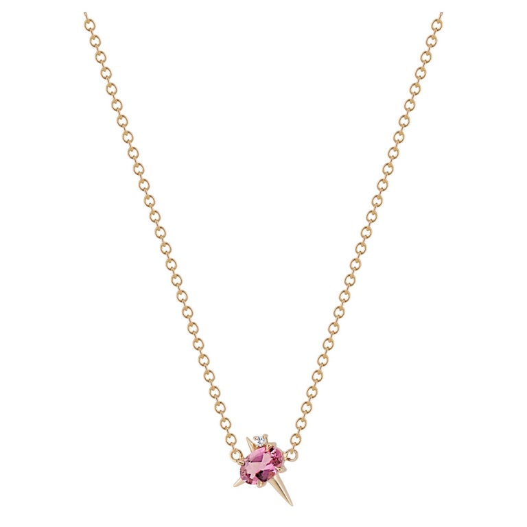 14ct Yellow Gold Oval Pink Tourmaline and Diamond Spike Necklace For ...