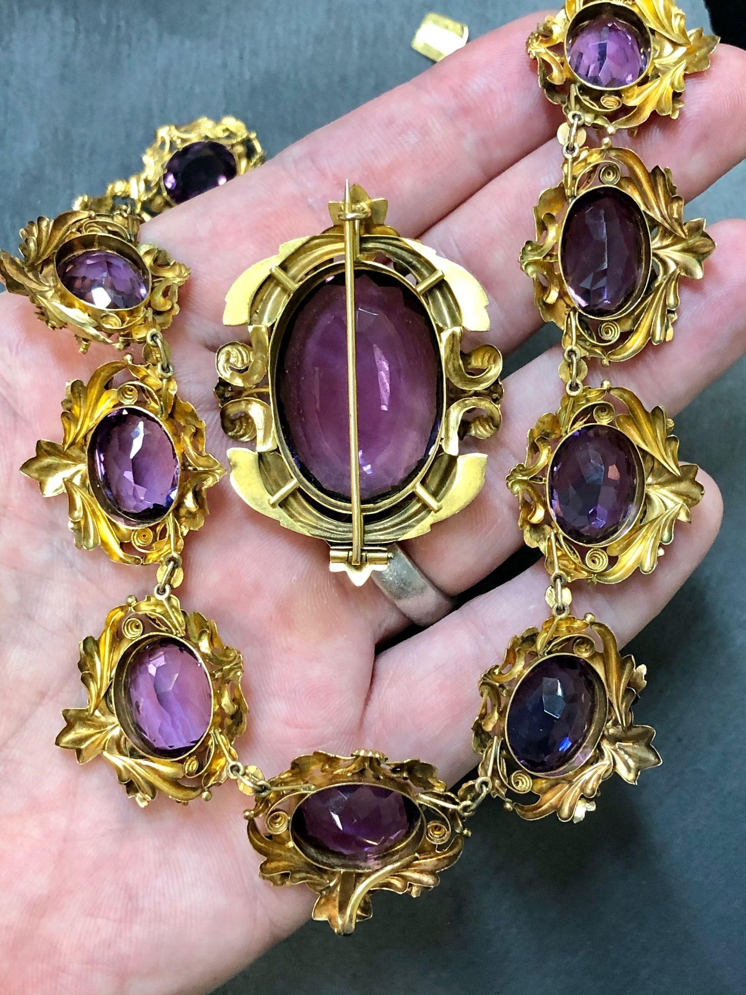 14K Amethyst Arts and Crafts Victorian Necklace and Brooch Set at 1stDibs