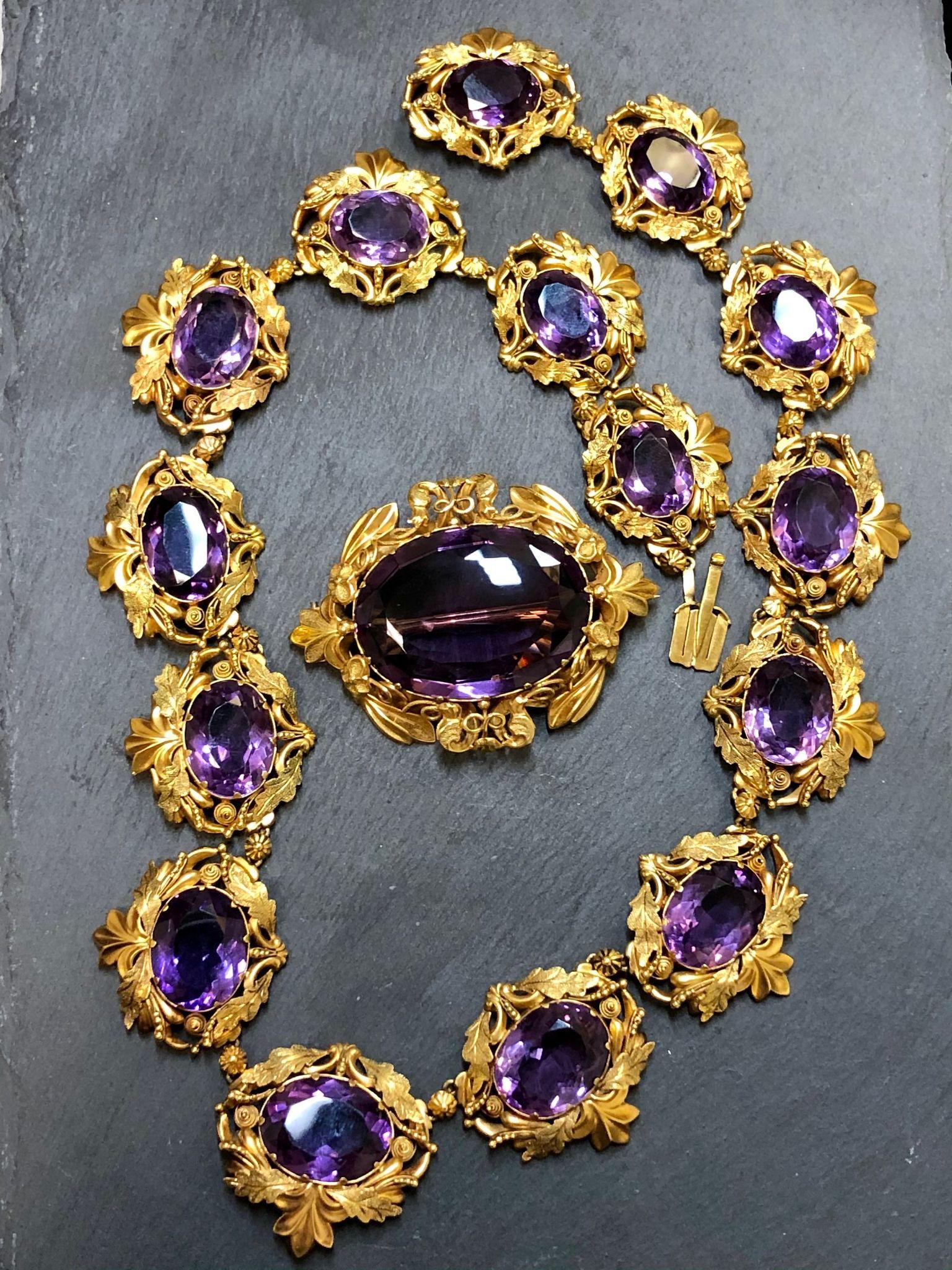 14K Amethyst Arts and Crafts Victorian Necklace and Brooch Set at 1stDibs