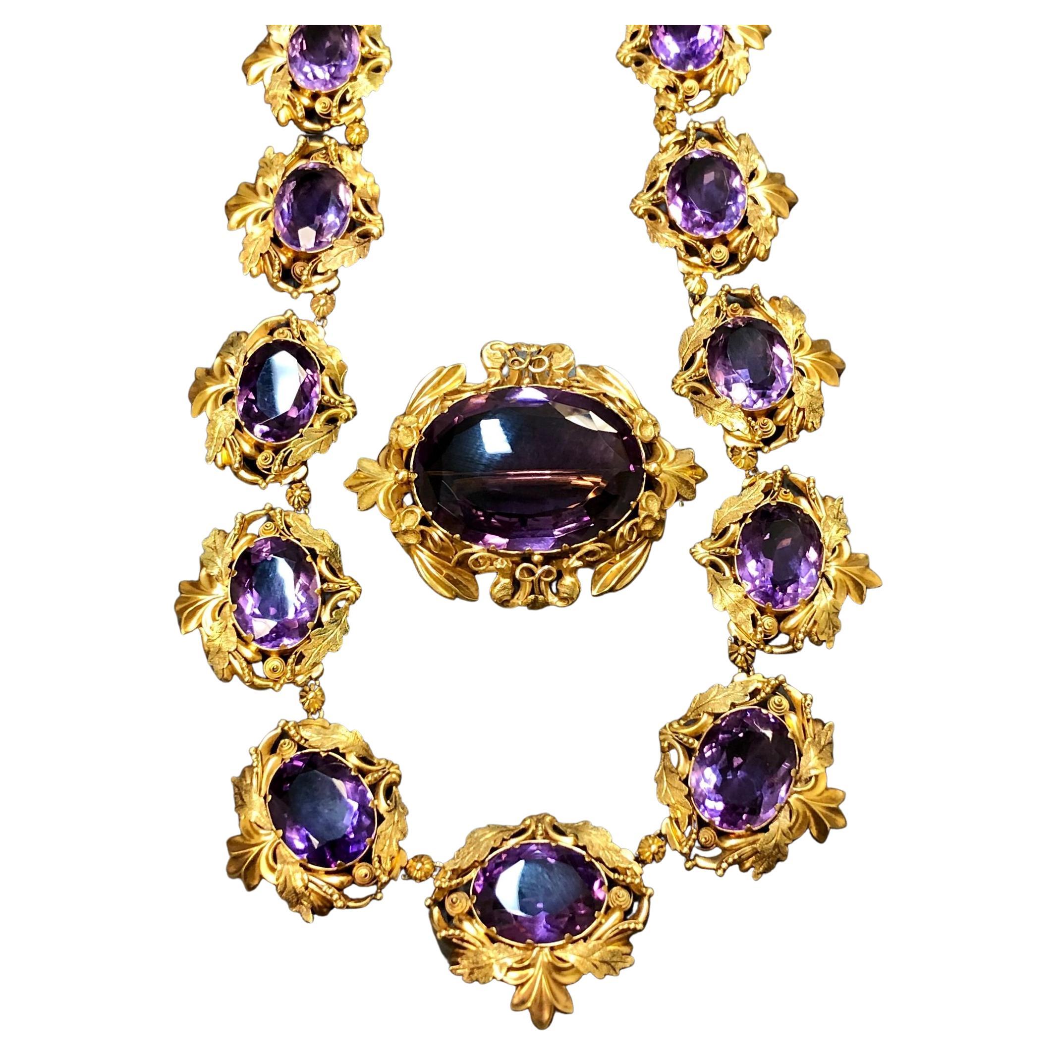 14K Amethyst Arts and Crafts Victorian Necklace and Brooch Set at 1stDibs
