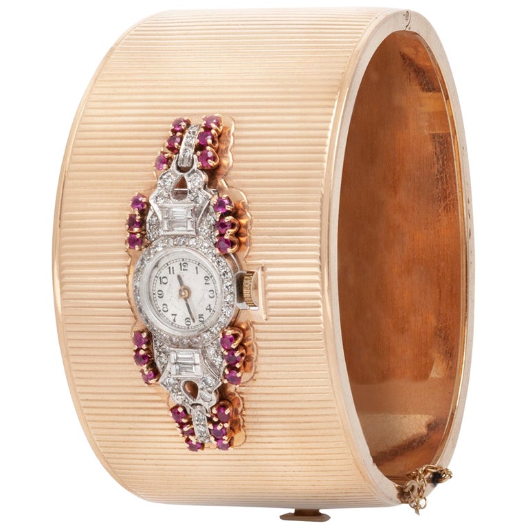 14 Karat and Platinum Diamonds and Ruby Cuff Bracelet with Watch For ...