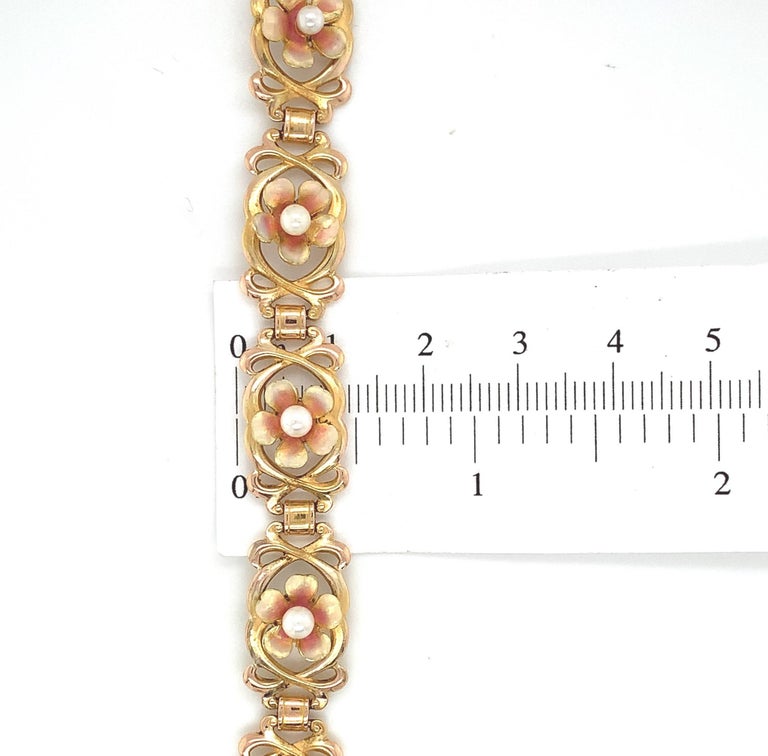 14K Art Nouveau Enamel Flower Pearl Bracelet For Sale at 1stDibs