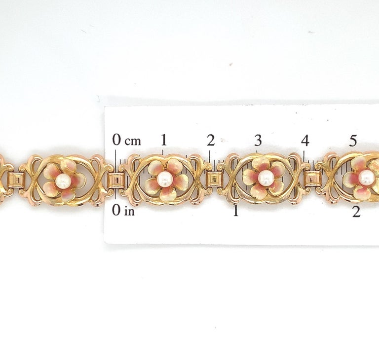 14K Art Nouveau Enamel Flower Pearl Bracelet For Sale at 1stDibs