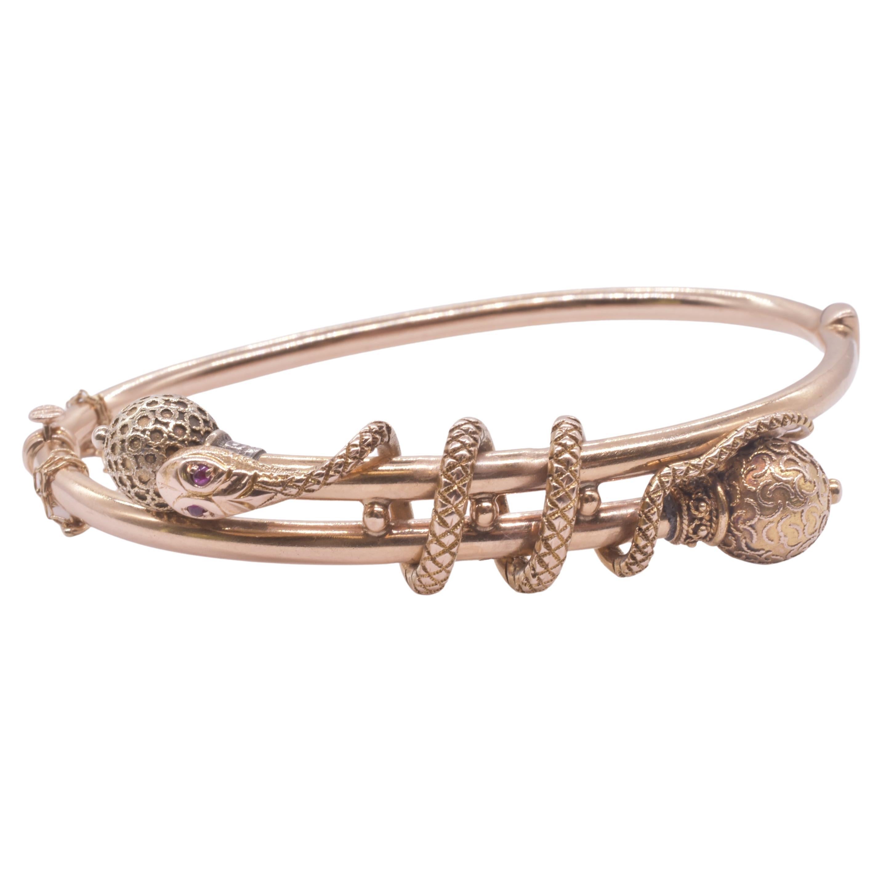 14K Articulated hinged Snake Bangle Bracelet with Round Finials For ...