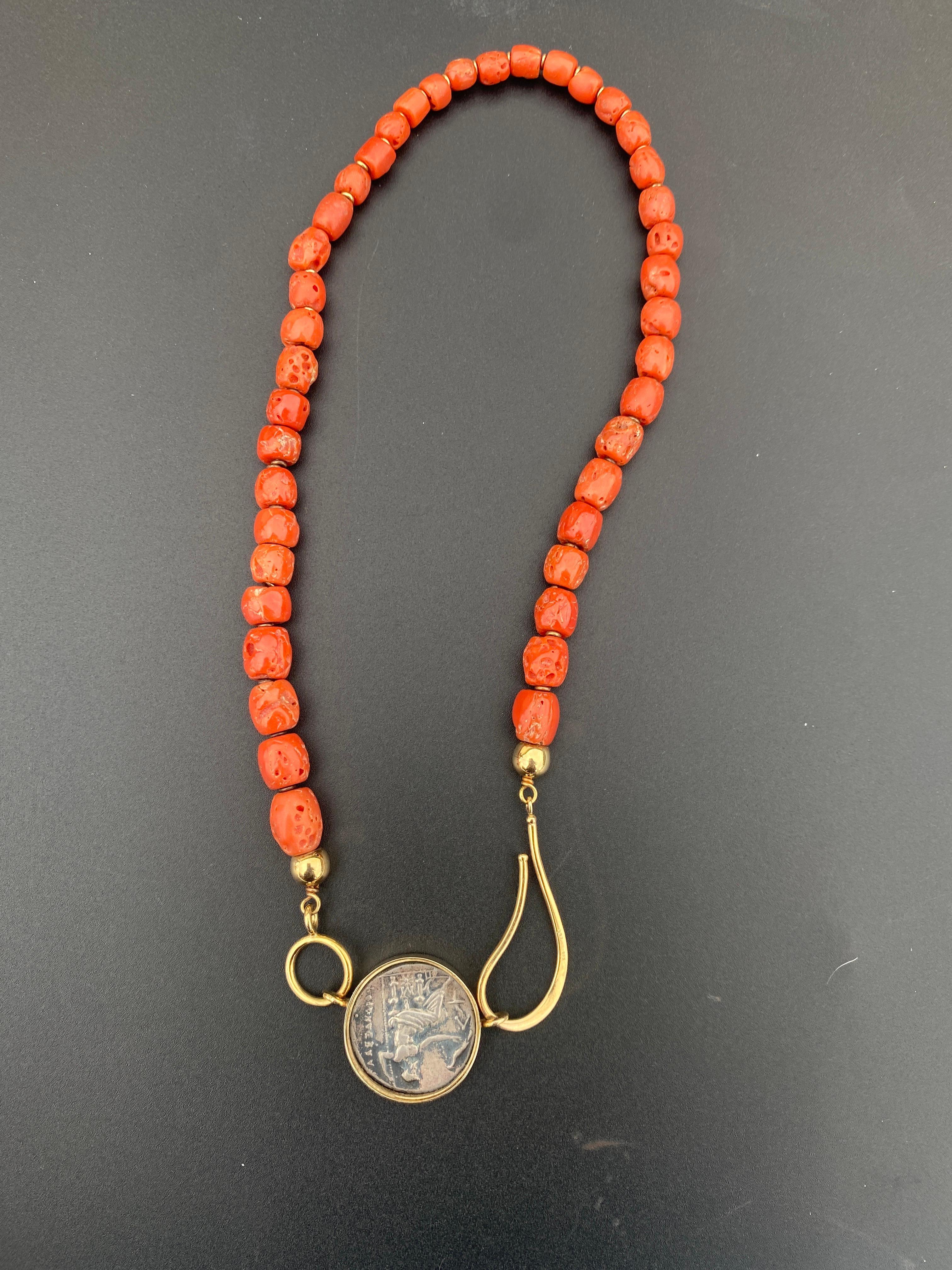 14k Coral Renaissance Ancient Roman Coin Bead Necklace For Sale at 1stDibs