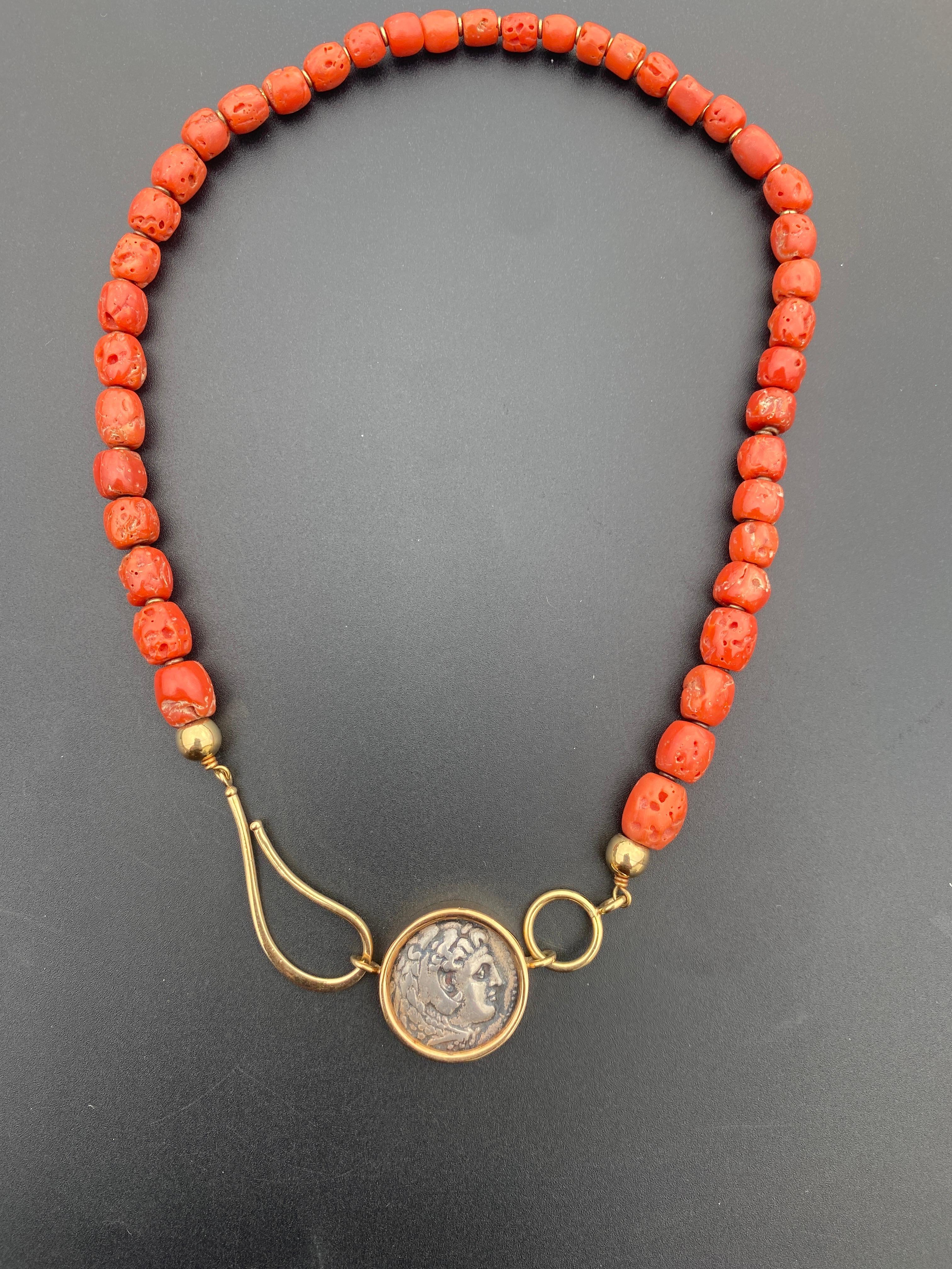 14k Coral Renaissance Ancient Roman Coin Bead Necklace For Sale at 1stDibs
