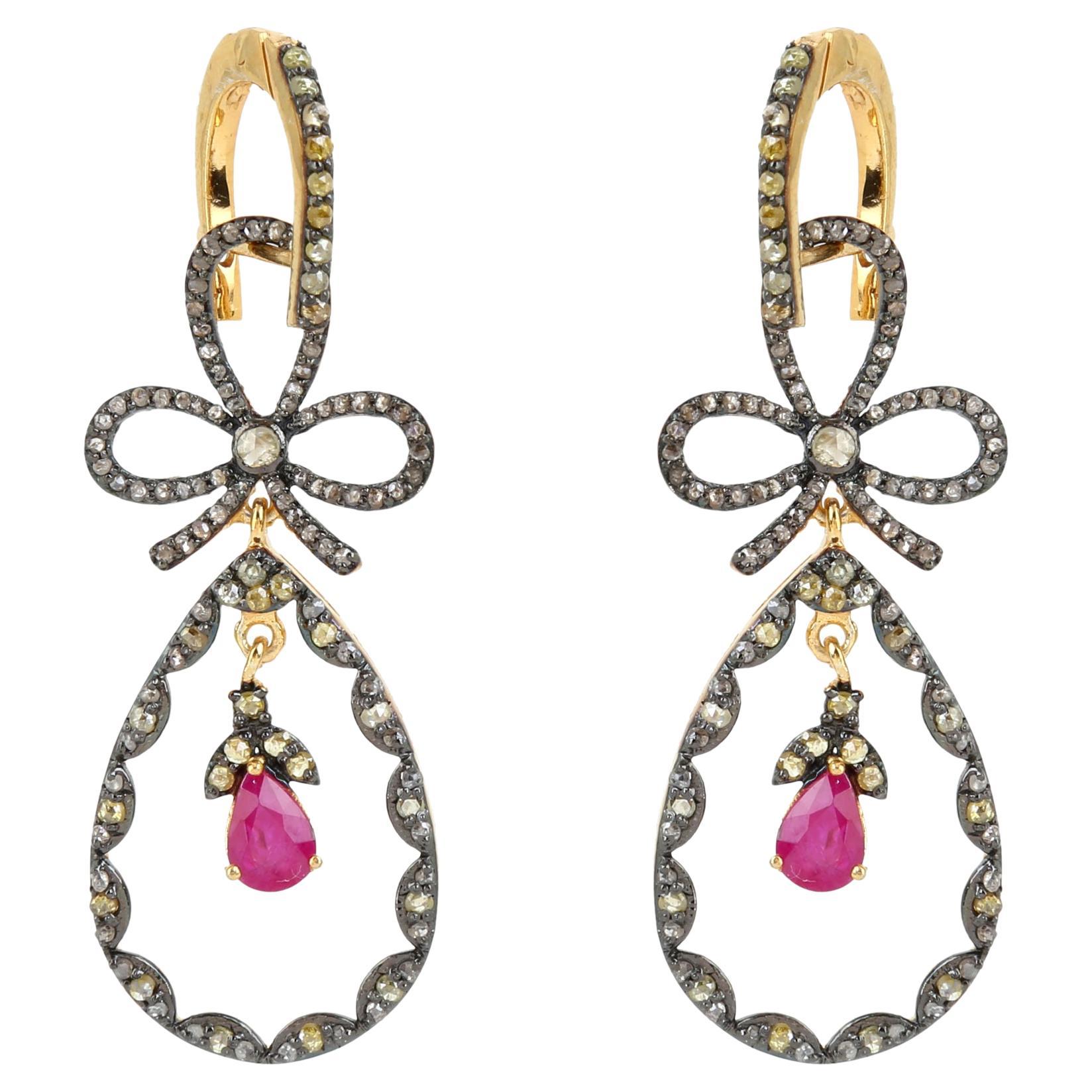 14K Yellow Gold Ruby Gemstone Drop Dangle Earring with 1.33 Carat ...