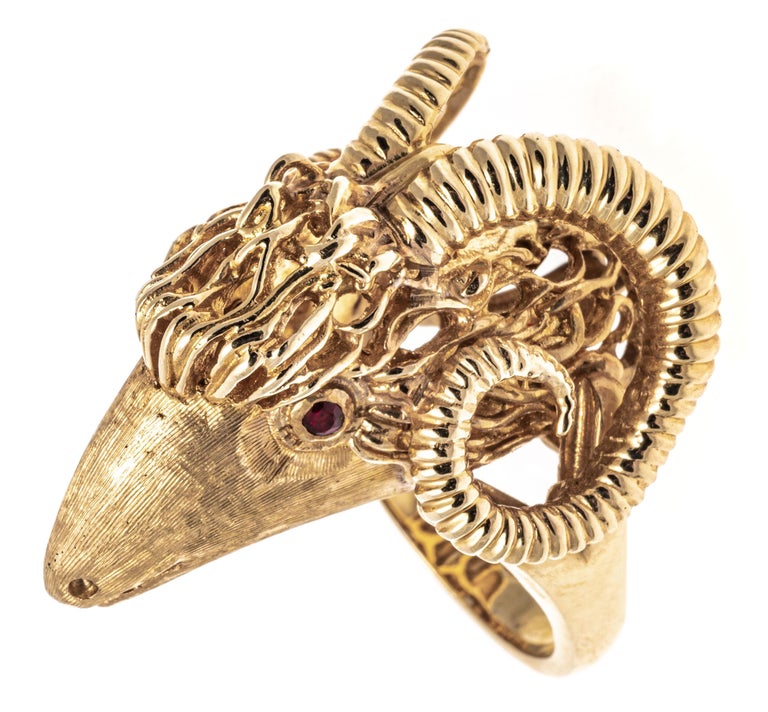 14k Detailed Rams Head Ring with Ribbed Horns and Rubies For Sale at ...
