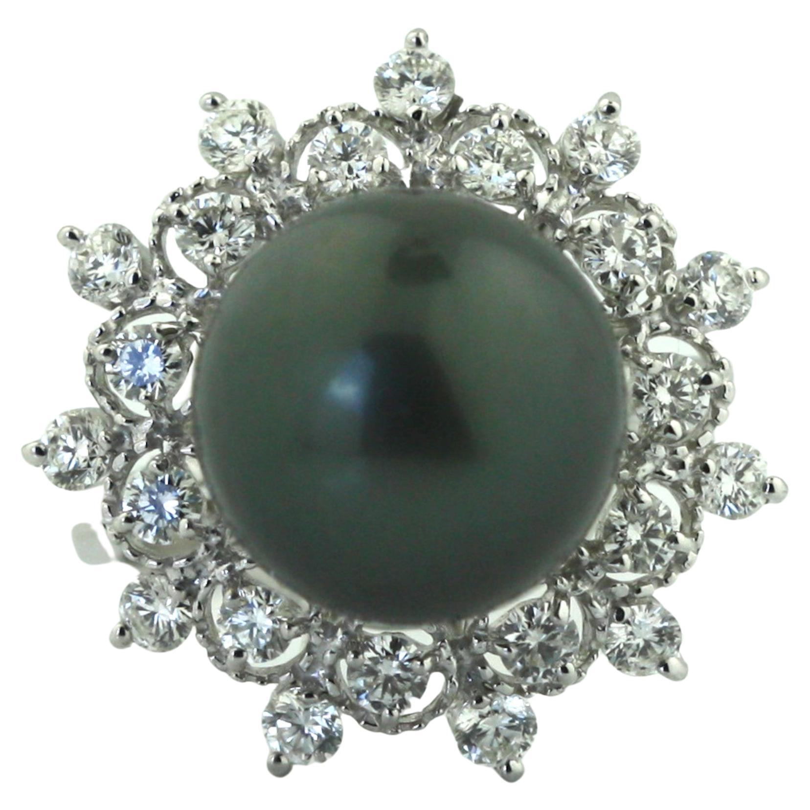 Platinum Baguette Diamond and South Sea Pearl Ring For Sale at 1stDibs