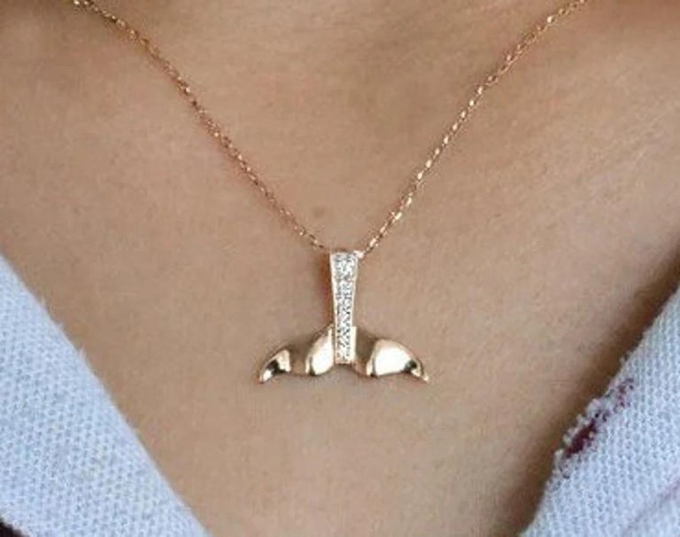 14k Diamond Fish Tail Necklace Mermaid Tail Charm Pendant For Sale at ...