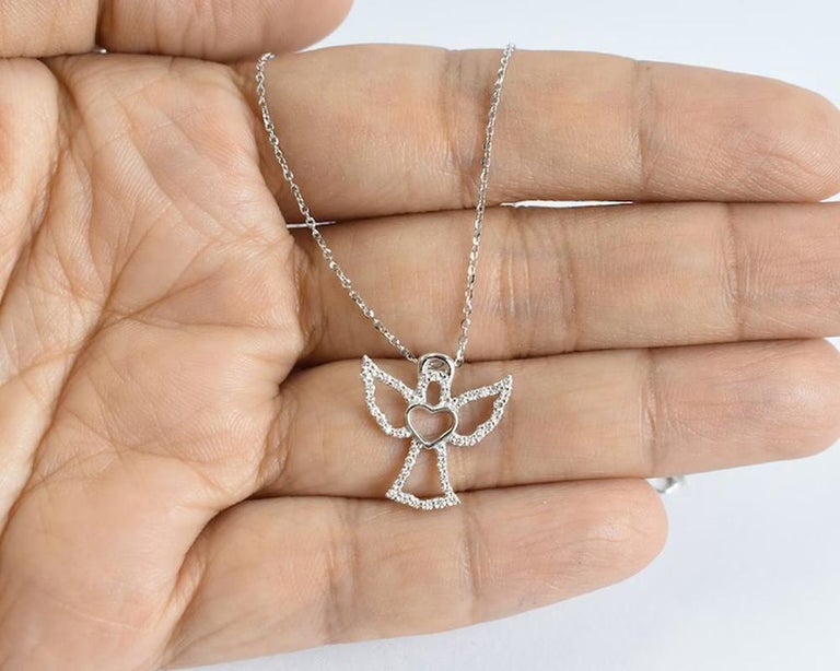 14k Gold Diamond Heart Angel Charm Pendent Necklace For Sale at 1stDibs