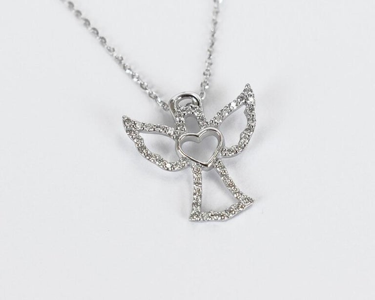 14k Gold Diamond Heart Angel Charm Pendent Necklace For Sale at 1stDibs