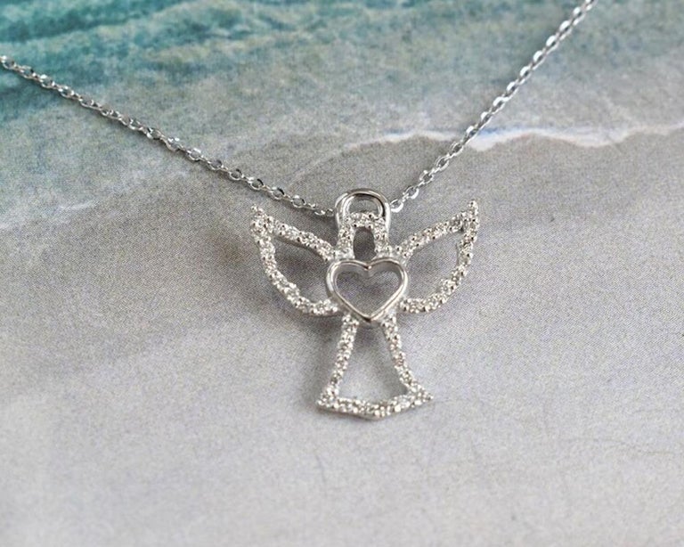 14k Gold Diamond Heart Angel Charm Pendent Necklace For Sale at 1stDibs