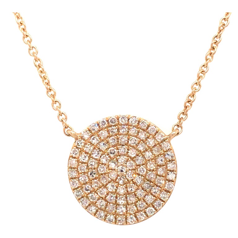 14K Diamond Pave Disc Circle Pendant Necklace Yellow Gold at 1stDibs