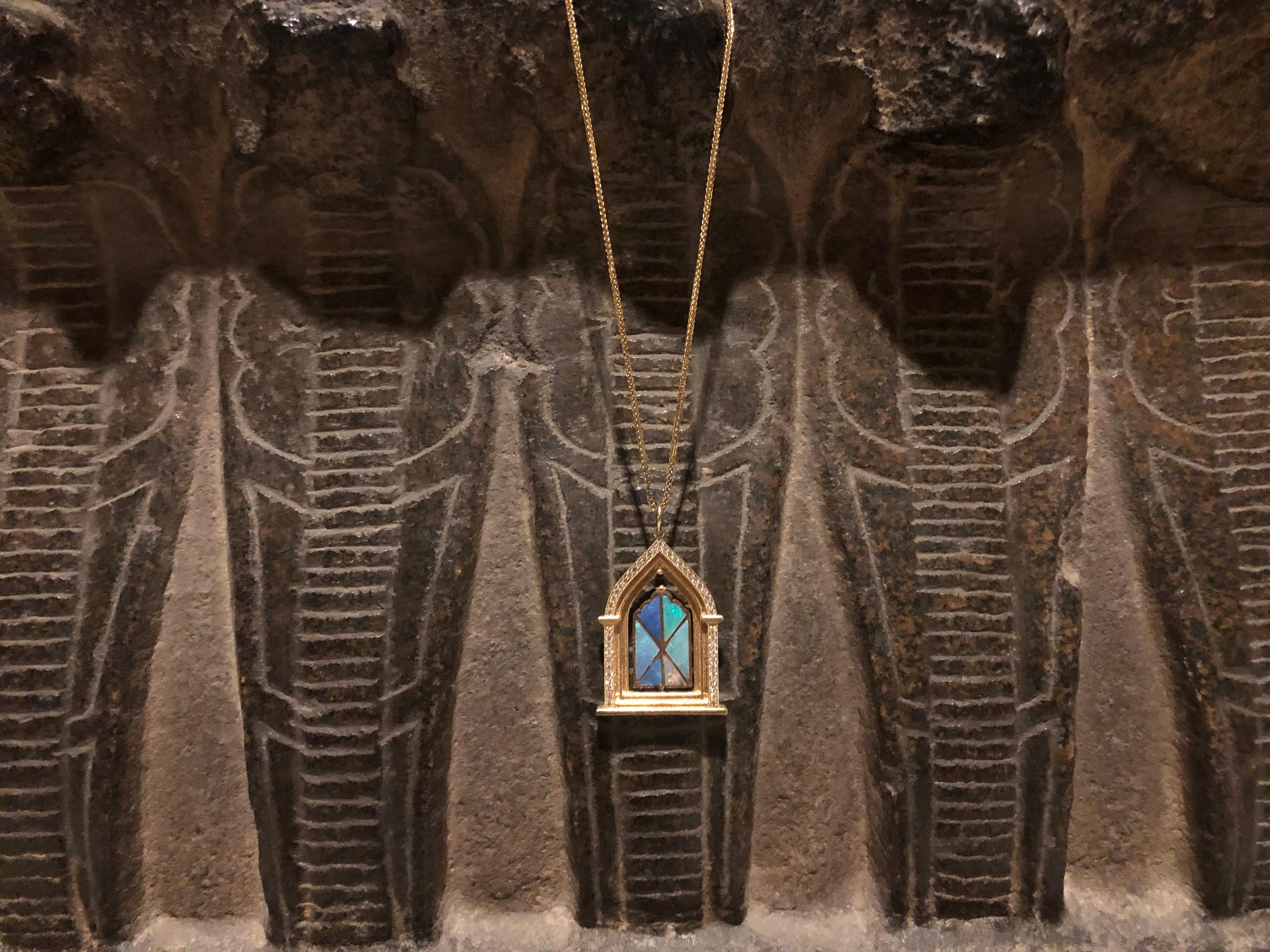 14K Diamond Temple Necklace with Opals For Sale at 1stDibs