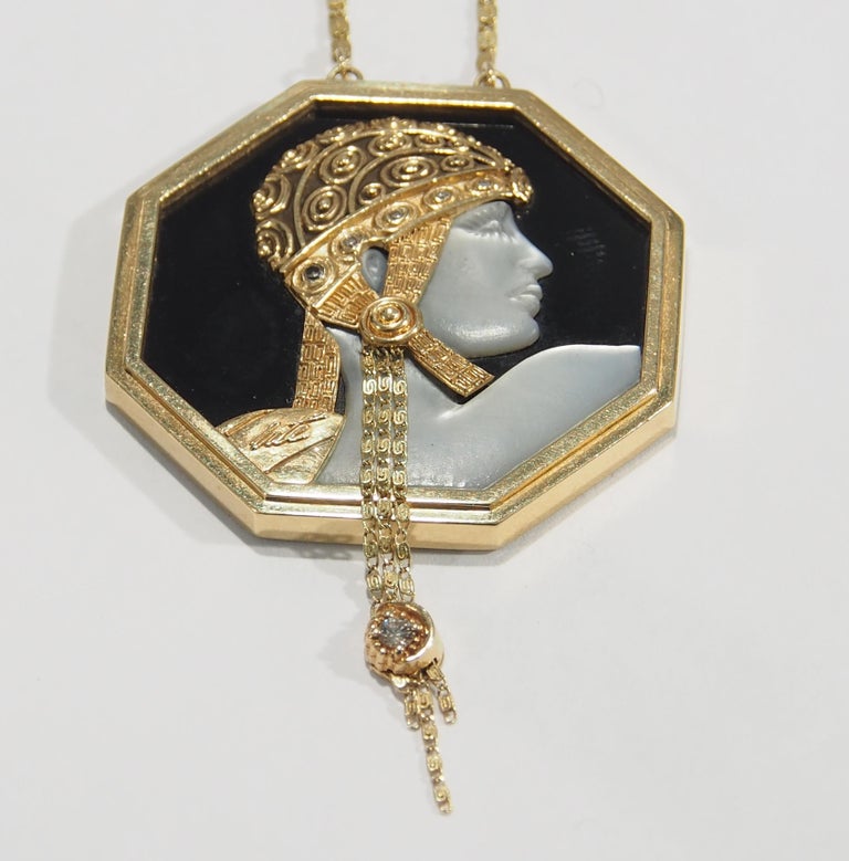 14 Karat Erte Necklace Aventurine Diamond Onyx Art Deco, 1979 at 1stDibs
