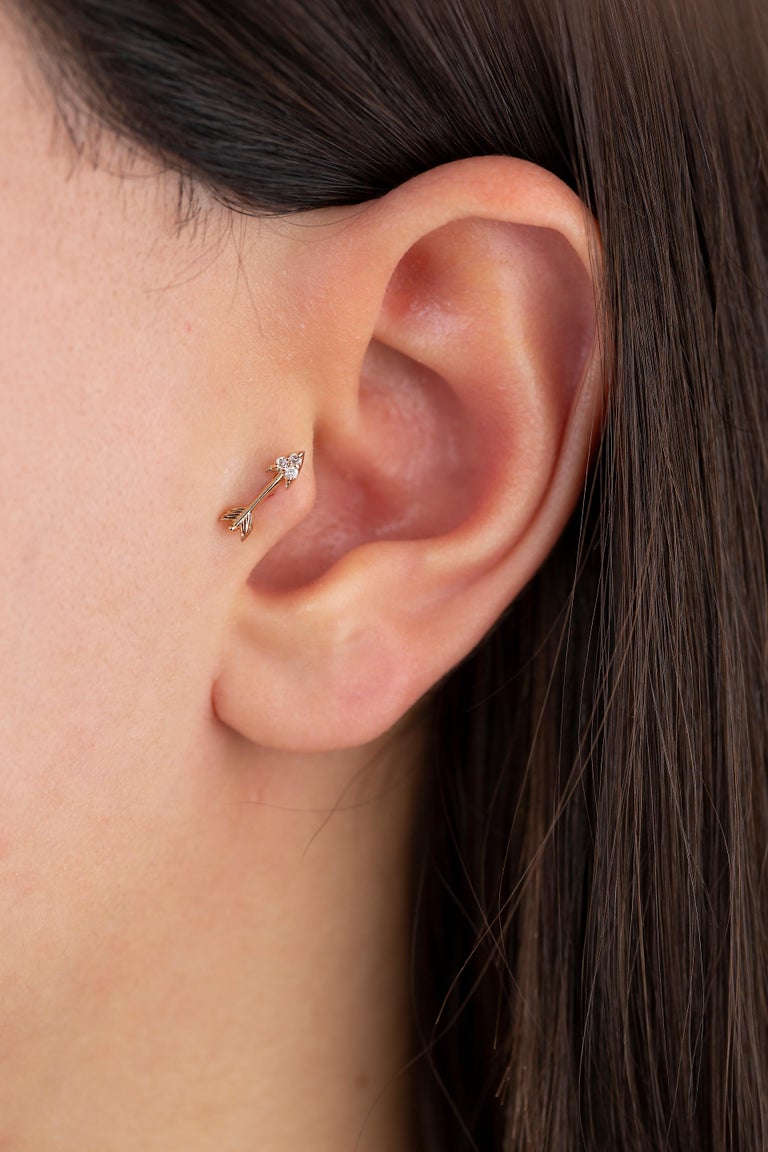 14K Gold 0.03 Ct Diamond Arrow Piercing, Gold Arrow Diamond Earring For ...