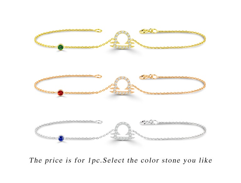 14K Gold 0.27 Ct Diamond Libra Zodiac bracelet with Ruby Emerald ...