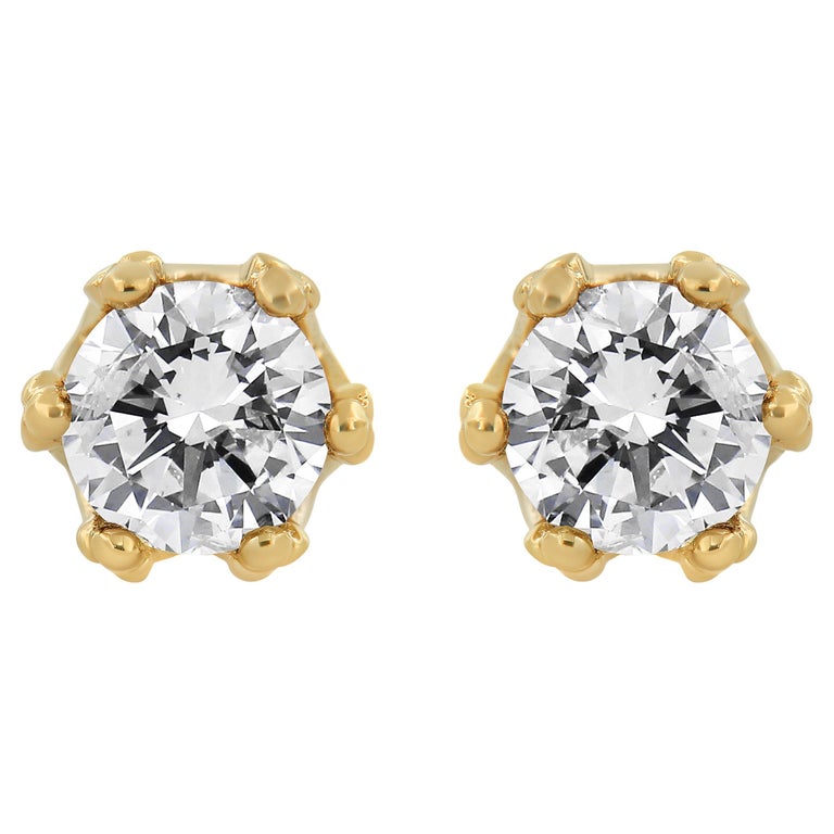 14K Yellow Gold 2.0 Carat Round Diamond Crown Stud Earrings For Sale at ...