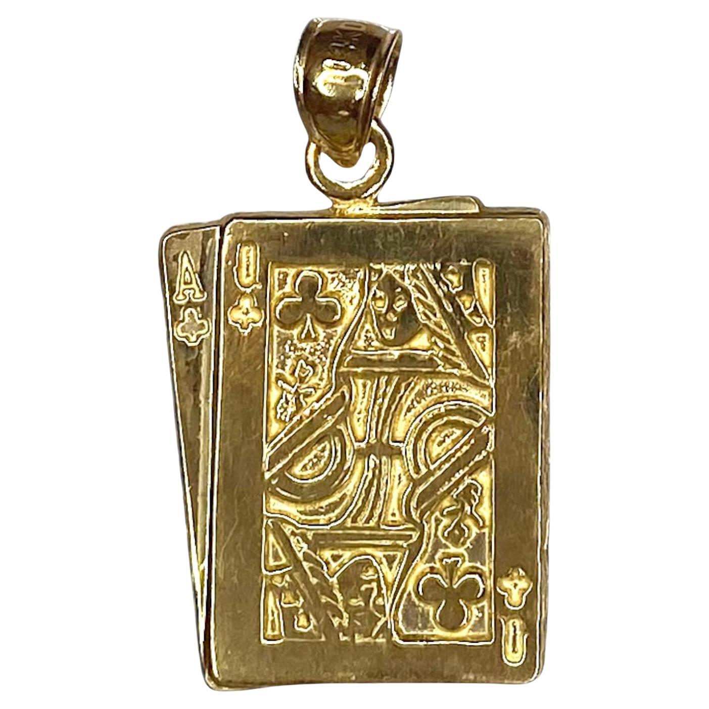 14K Gold Ace and Queen Playing Cards Pendant For Sale at 1stDibs