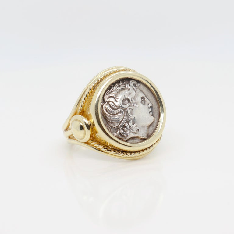 14K Gold Alexander the Great Silver Coin Signet Ring For Sale at 1stDibs