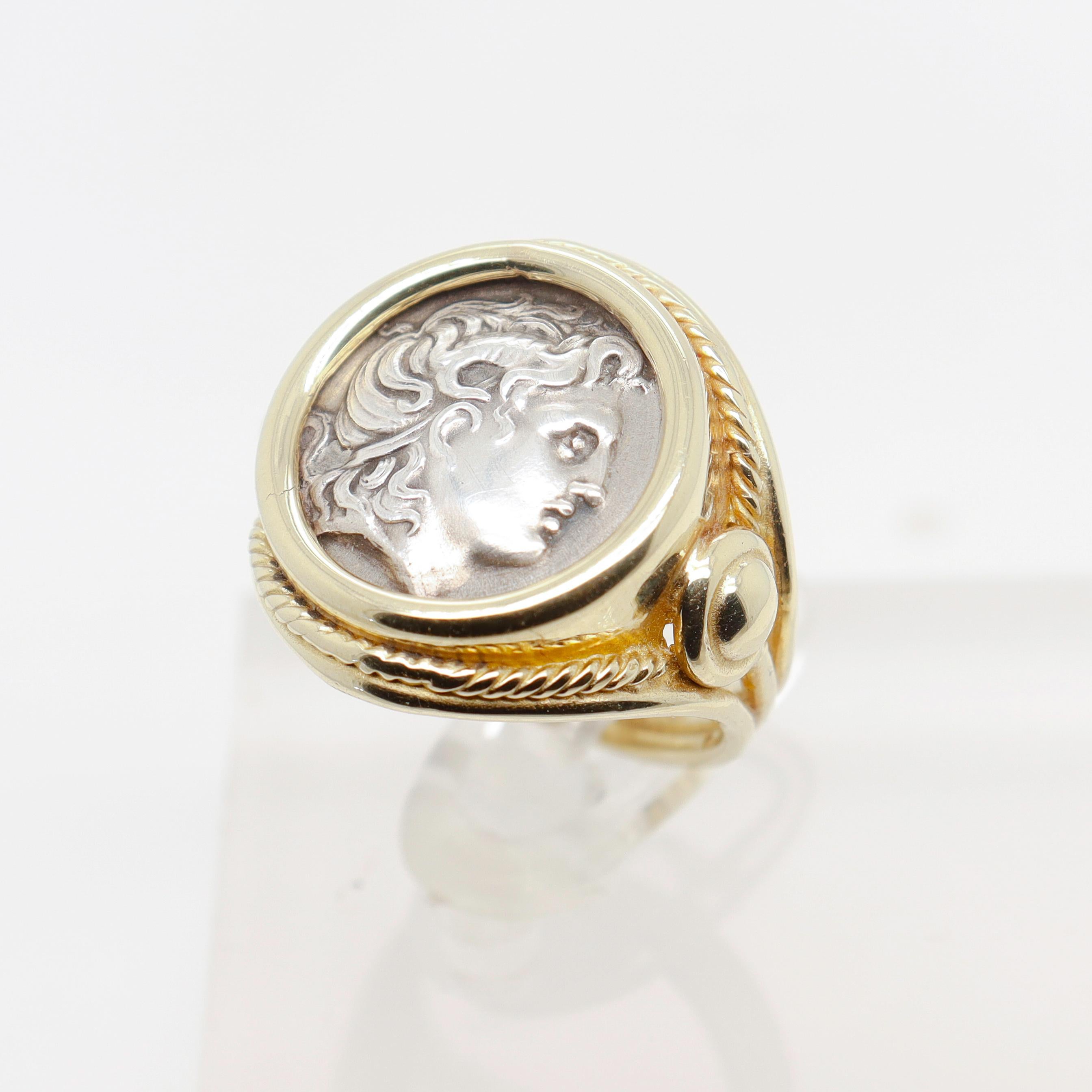 14k Gold Alexander the Great Silver Coin Signet Ring For Sale at 1stDibs