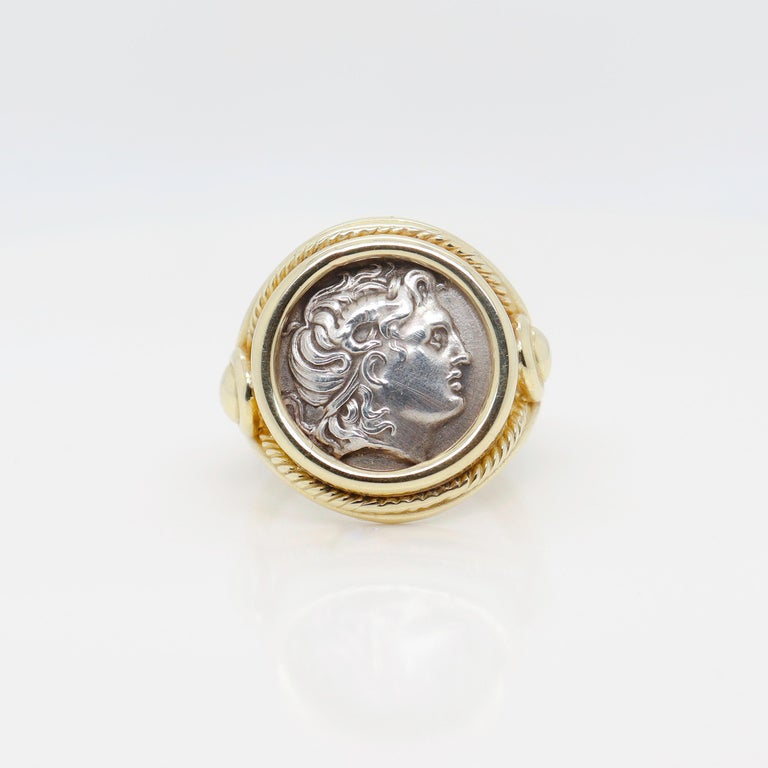 14K Gold Alexander the Great Silver Coin Signet Ring For Sale at 1stDibs