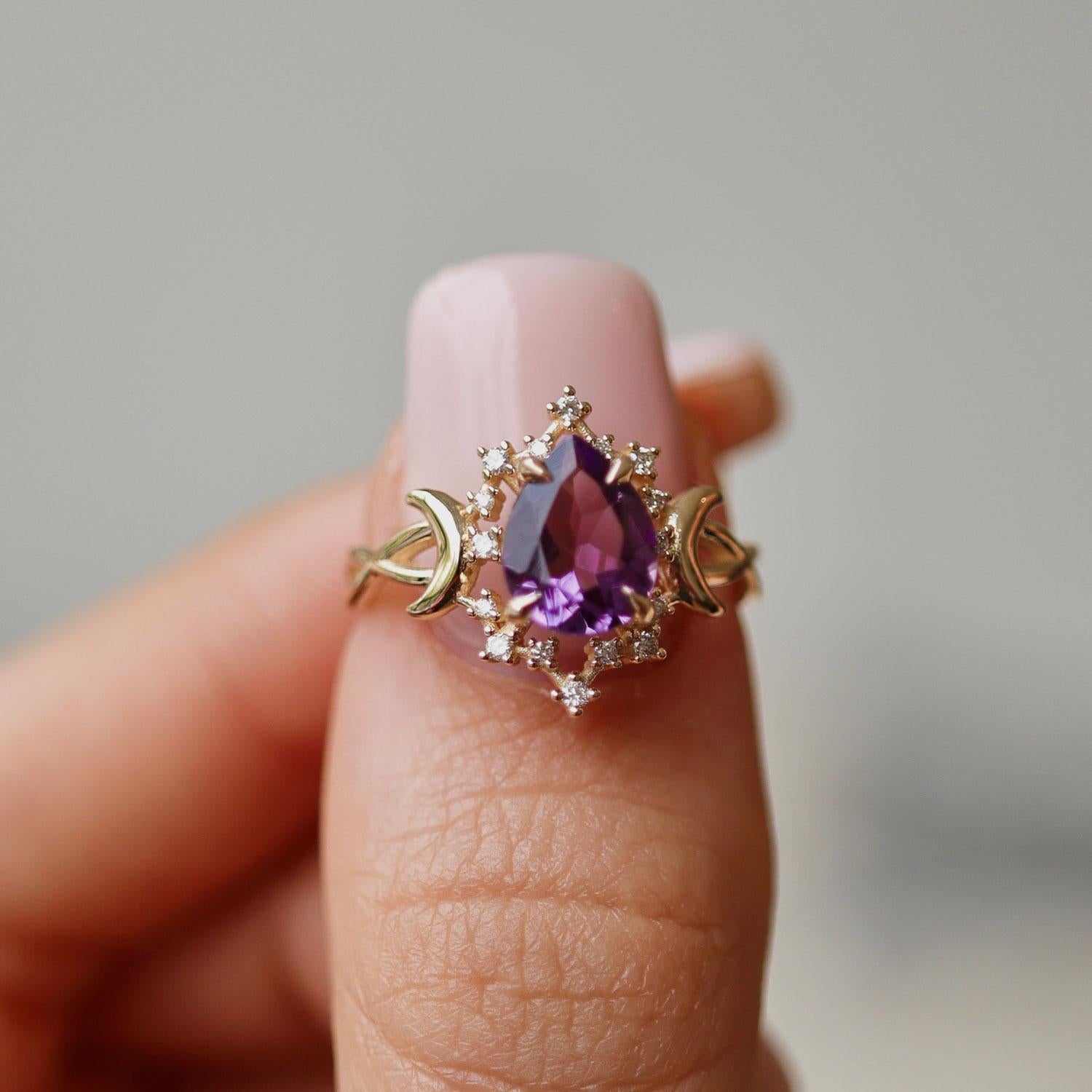 Customizable 14k Gold Alice Star and Moon Pear Cut Amethys Diamond ...