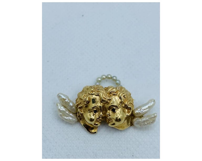 14k Gold and Pearl Angels Cherub Brooch For Sale at 1stDibs