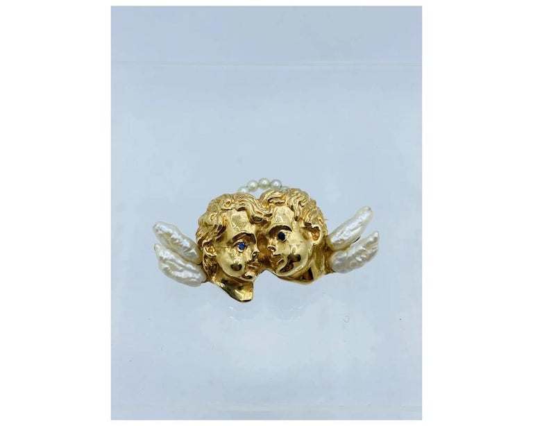 14k Gold and Pearl Angels Cherub Brooch For Sale at 1stDibs