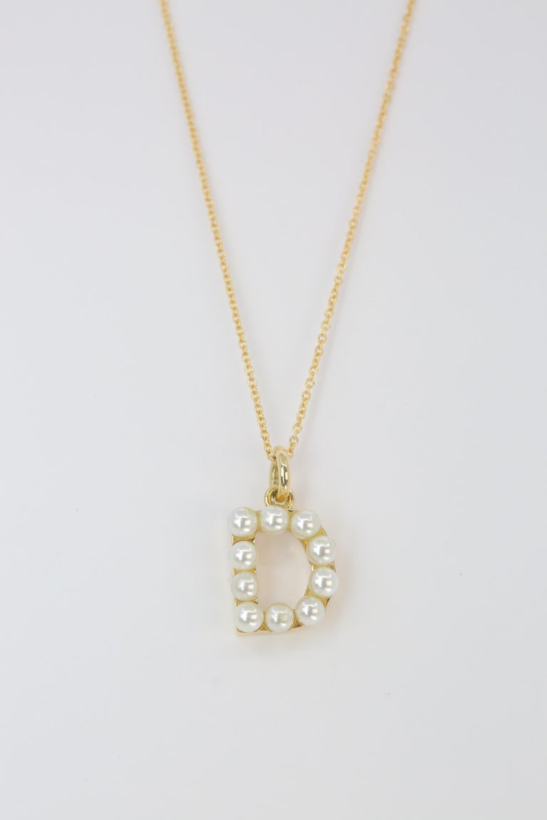 14K Gold and Pearl Initial Letter D Necklace For Sale at 1stDibs