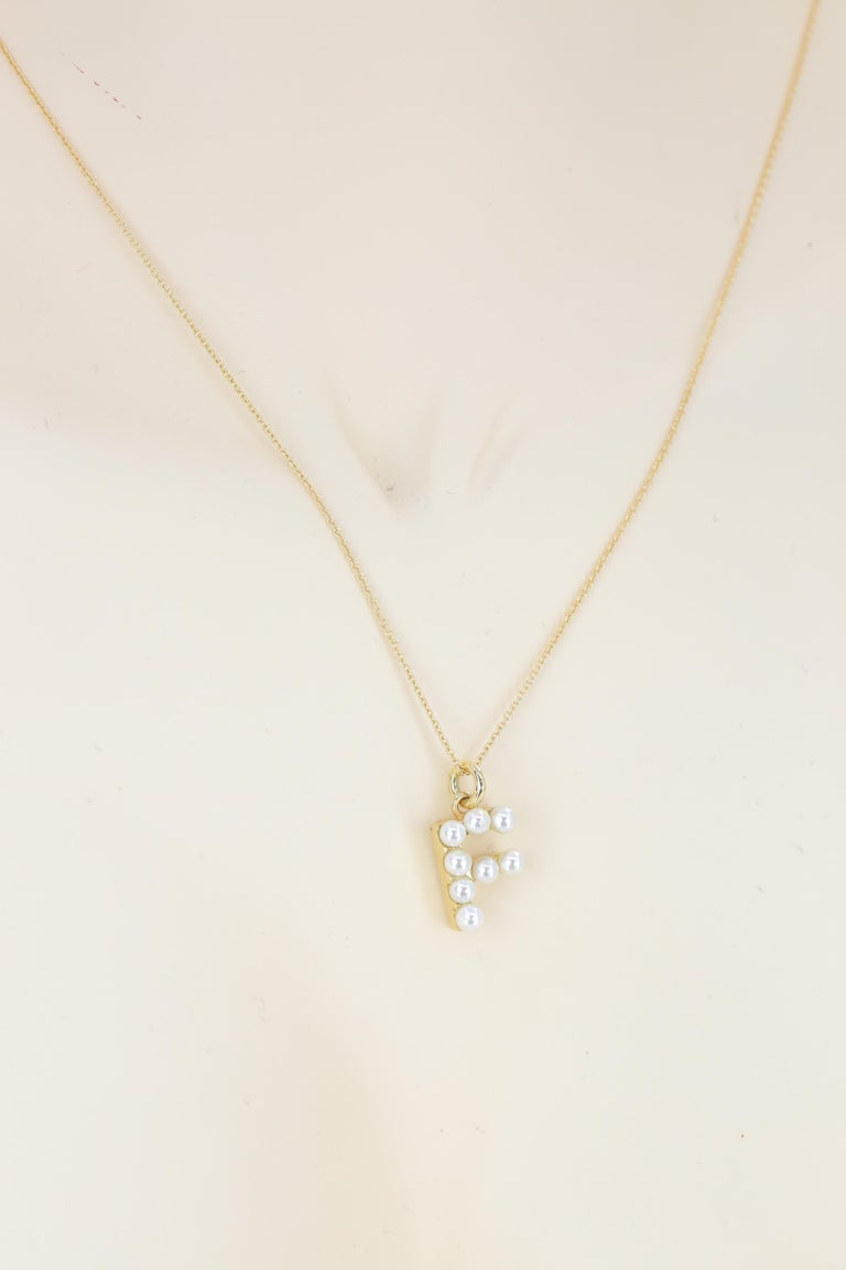 14K Gold and Pearl Initial Letter F Necklace For Sale at 1stDibs