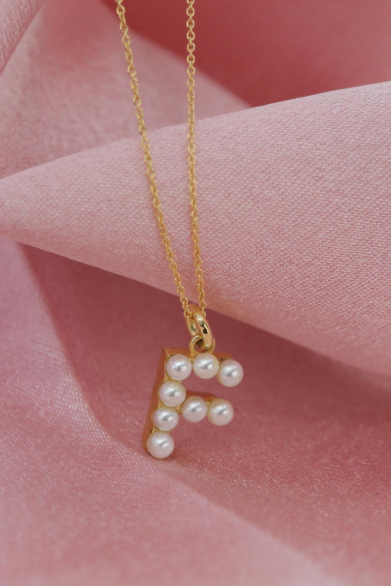 14K Gold and Pearl Initial Letter 'F' Necklace For Sale at 1stDibs