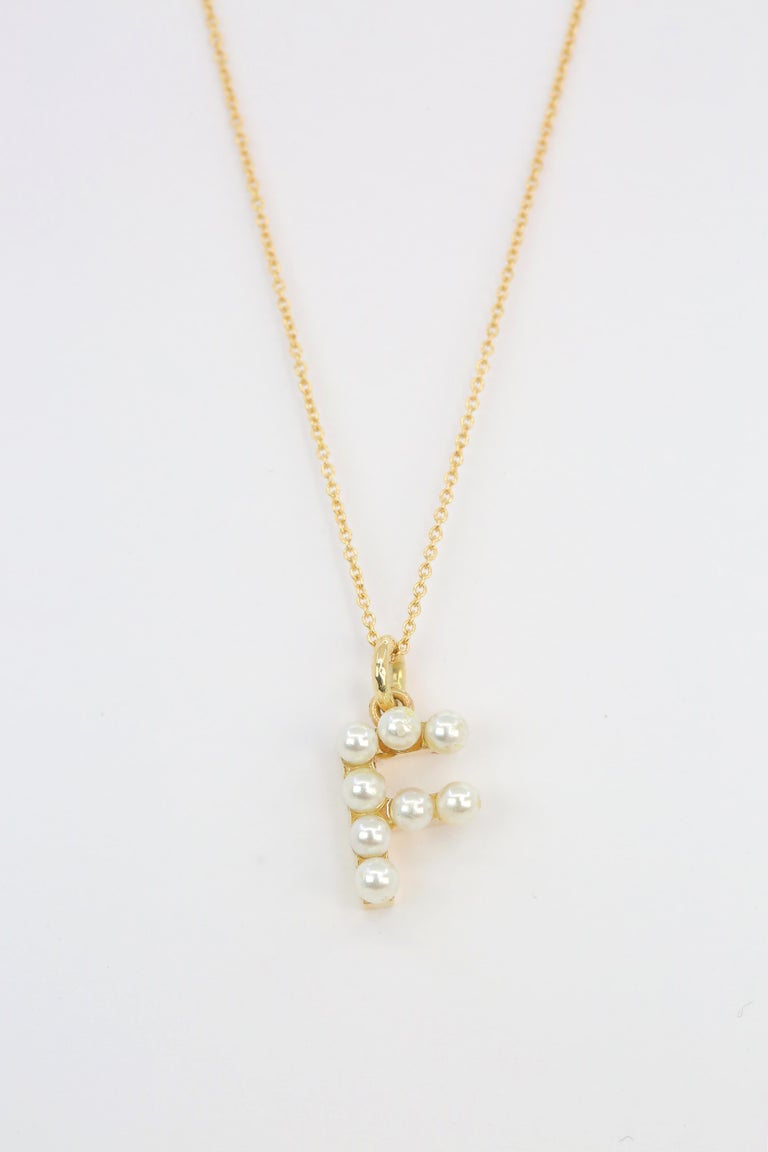 14K Gold and Pearl Initial Letter 'F' Necklace For Sale at 1stDibs