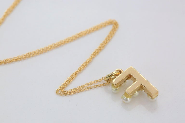 14K Gold and Pearl Initial Letter F Necklace For Sale at 1stDibs