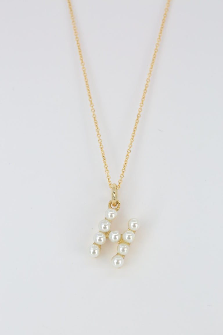 14K Gold and Pearl Initial Letter 'H' Necklace For Sale at 1stDibs