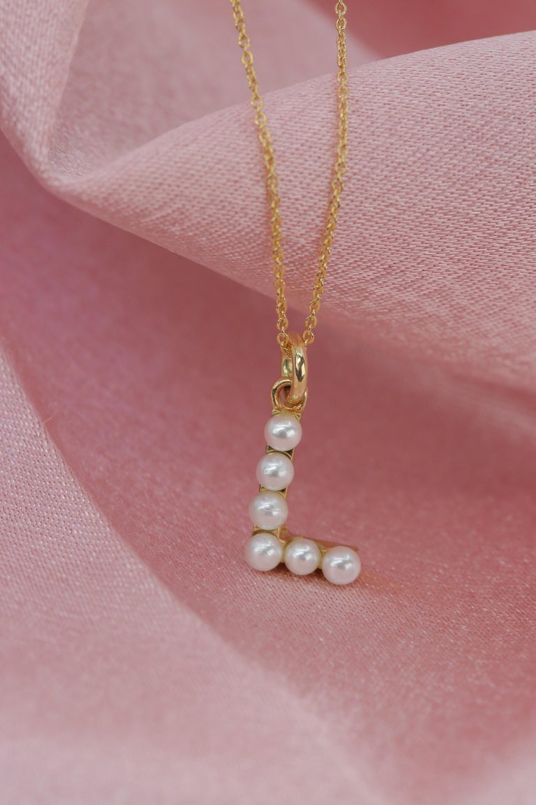 14K Gold and Pearl Initial Letter 'L' Necklace For Sale at 1stDibs