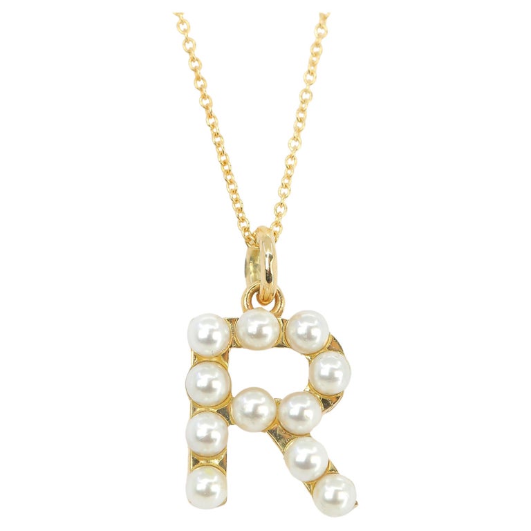 14K Gold and Pearl Initial Letter R Necklace For Sale at 1stDibs