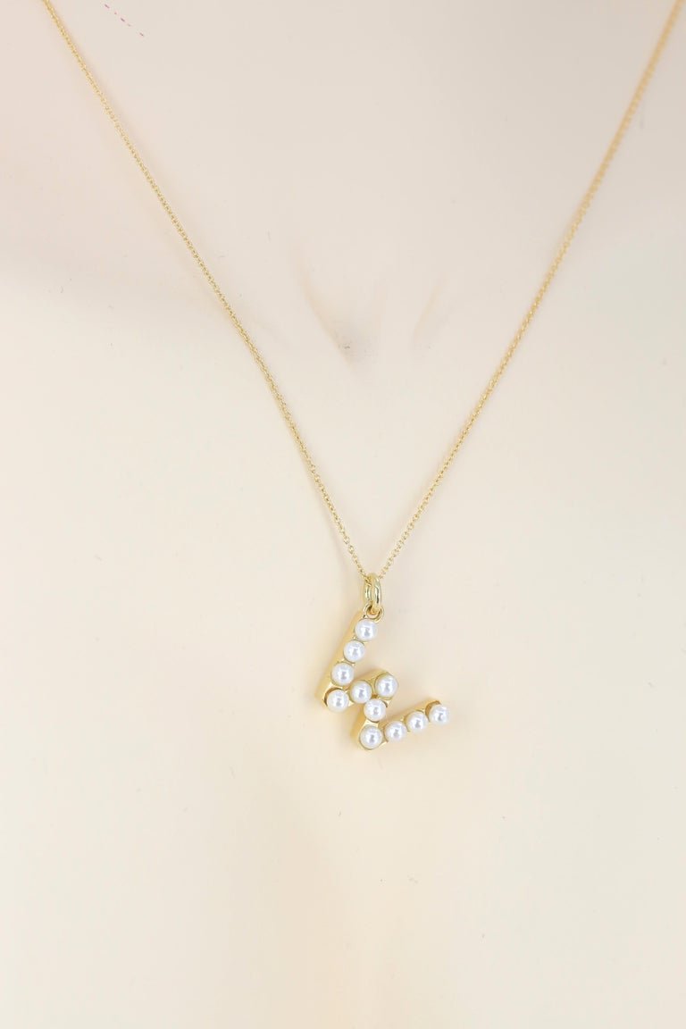 14K Gold and Pearl Initial Letter 'W' Necklace For Sale at 1stDibs