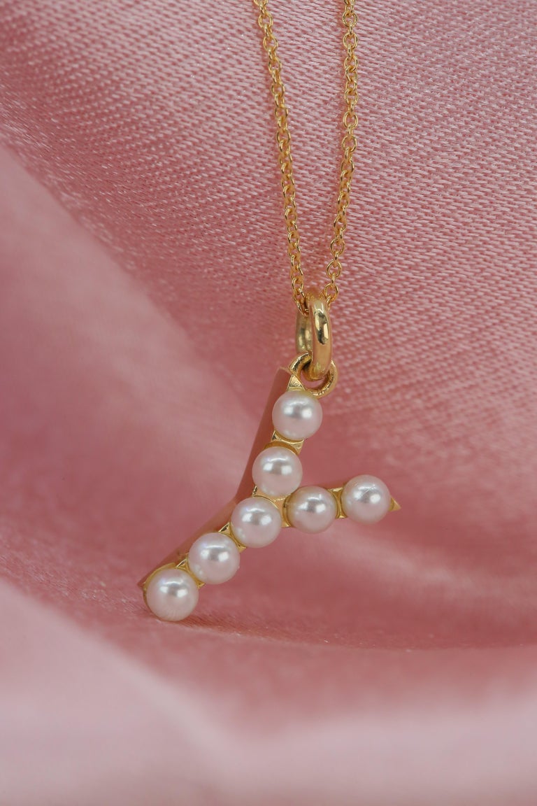 14K Gold and Pearl Initial Letter 'Y' Necklace For Sale at 1stDibs
