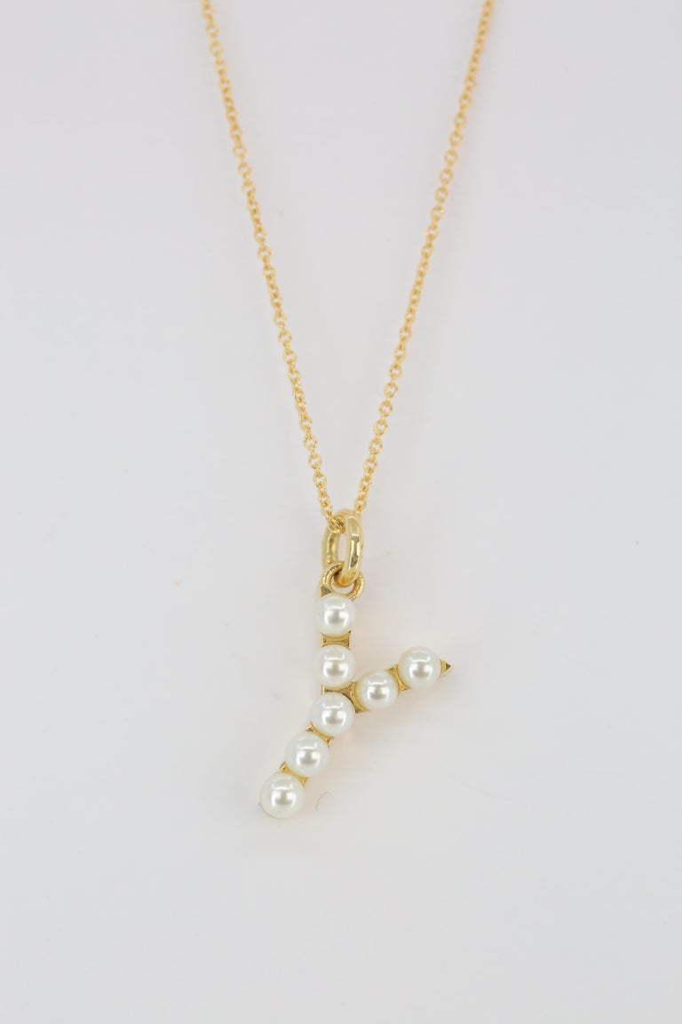14K Gold and Pearl Initial Letter Y Necklace For Sale at 1stDibs