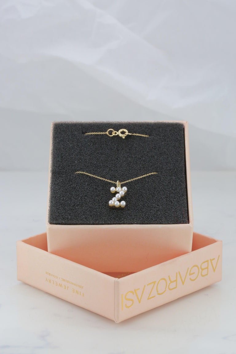 14K Gold and Pearl Initial Letter 'Z' Necklace For Sale at 1stDibs