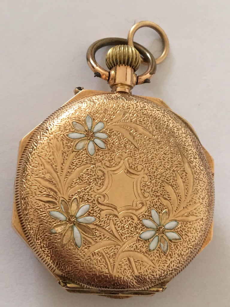 14k Gold Antique Full Engraved Octagonal Case and Enamel Dial Pocket ...