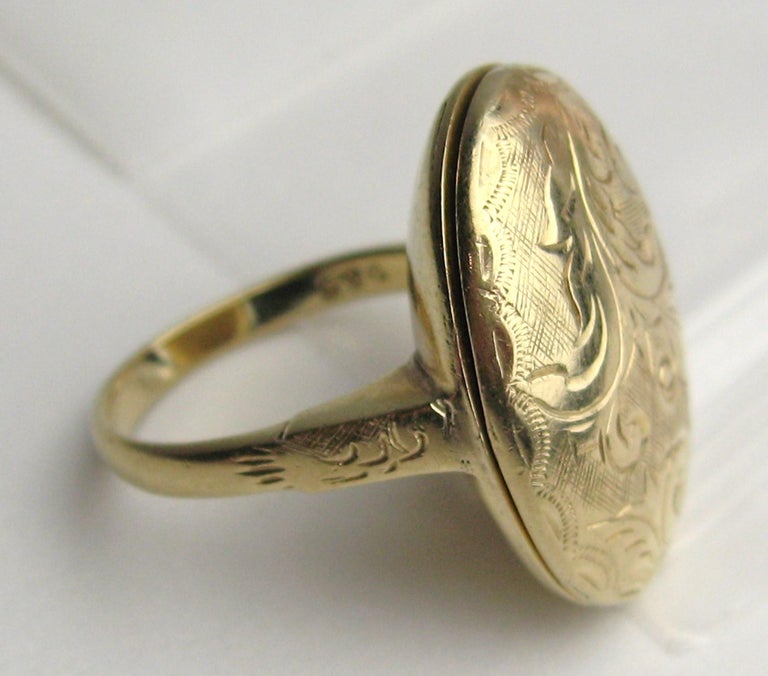 14 Karat Gold Antique Poison Locket Scrolled Engraving Ring For Sale at ...