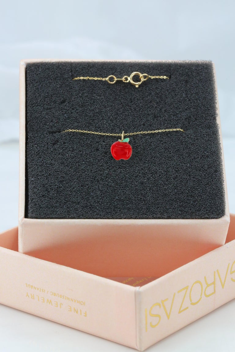 14K Gold Apple Necklace, Enamel Fruit Necklace For Sale at 1stDibs