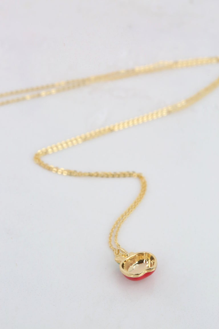 14K Gold Apple Necklace, Enamel Fruit Necklace For Sale at 1stDibs