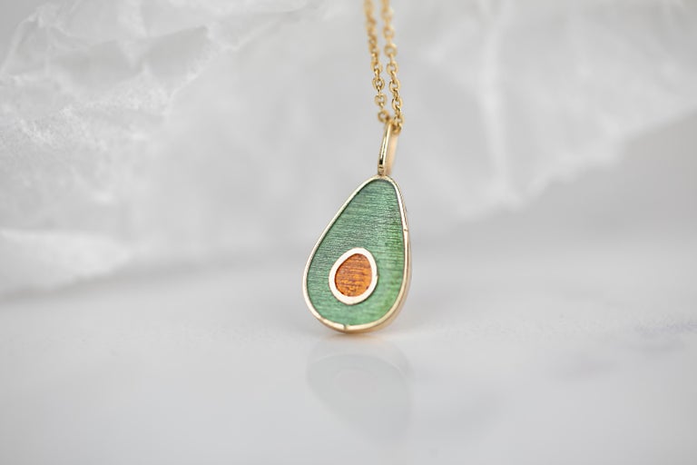 14K Gold Avocado Necklace, Enamel Fruit Necklace For Sale at 1stDibs
