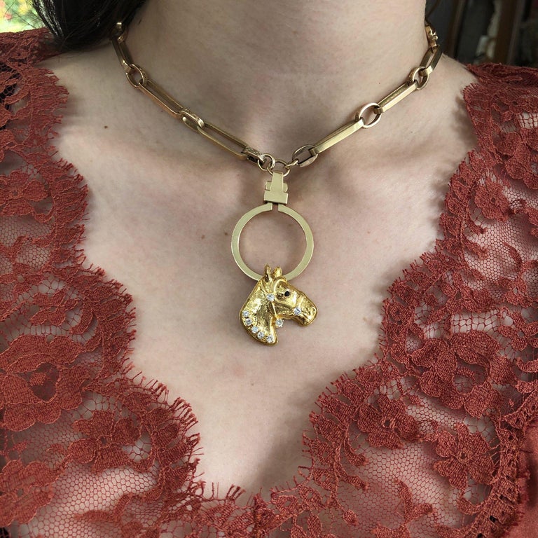 14k Gold Bas Relief Horse Head Pendant With Diamonds, circa 1960's For ...