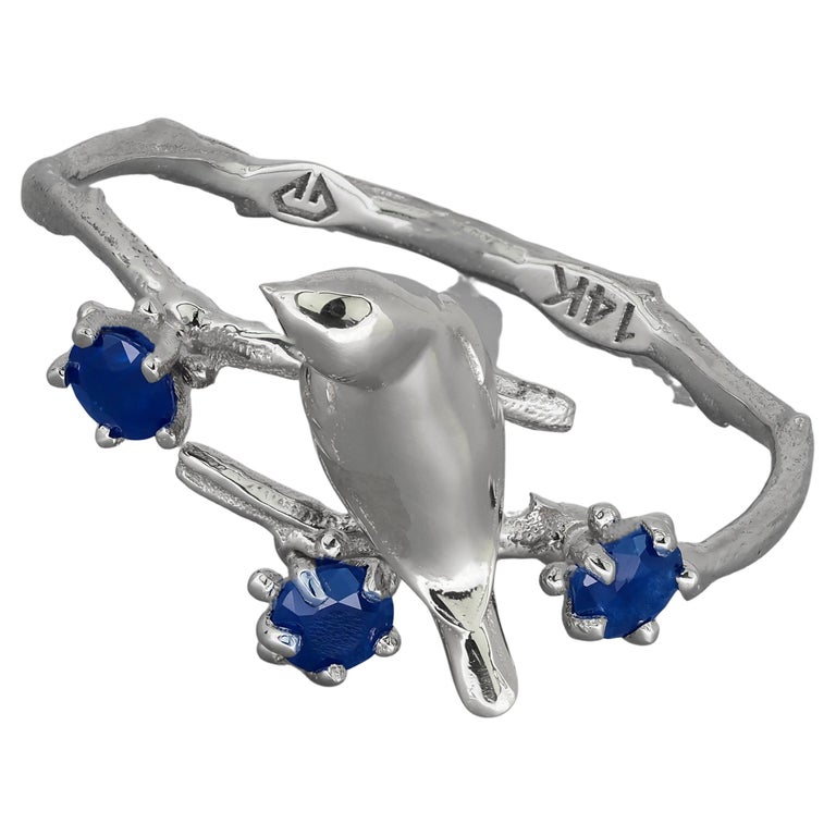 14k Gold Bird on Branch Ring with Sapphires For Sale at 1stDibs